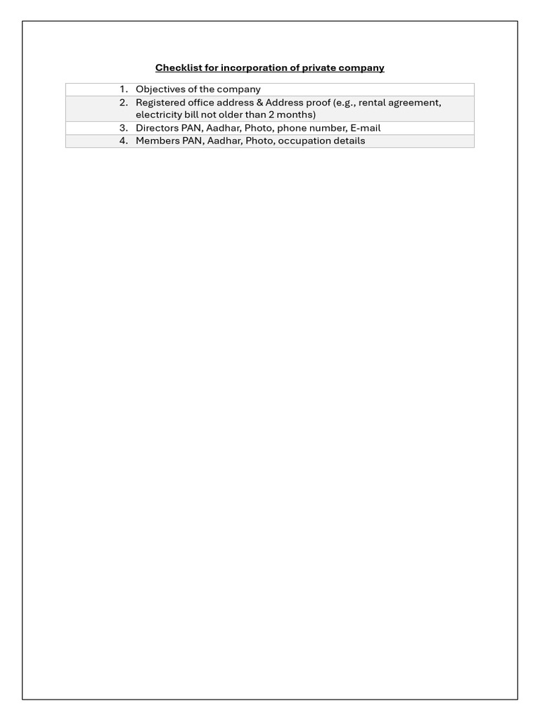Checklist For Incorporation of Private Company | PDF