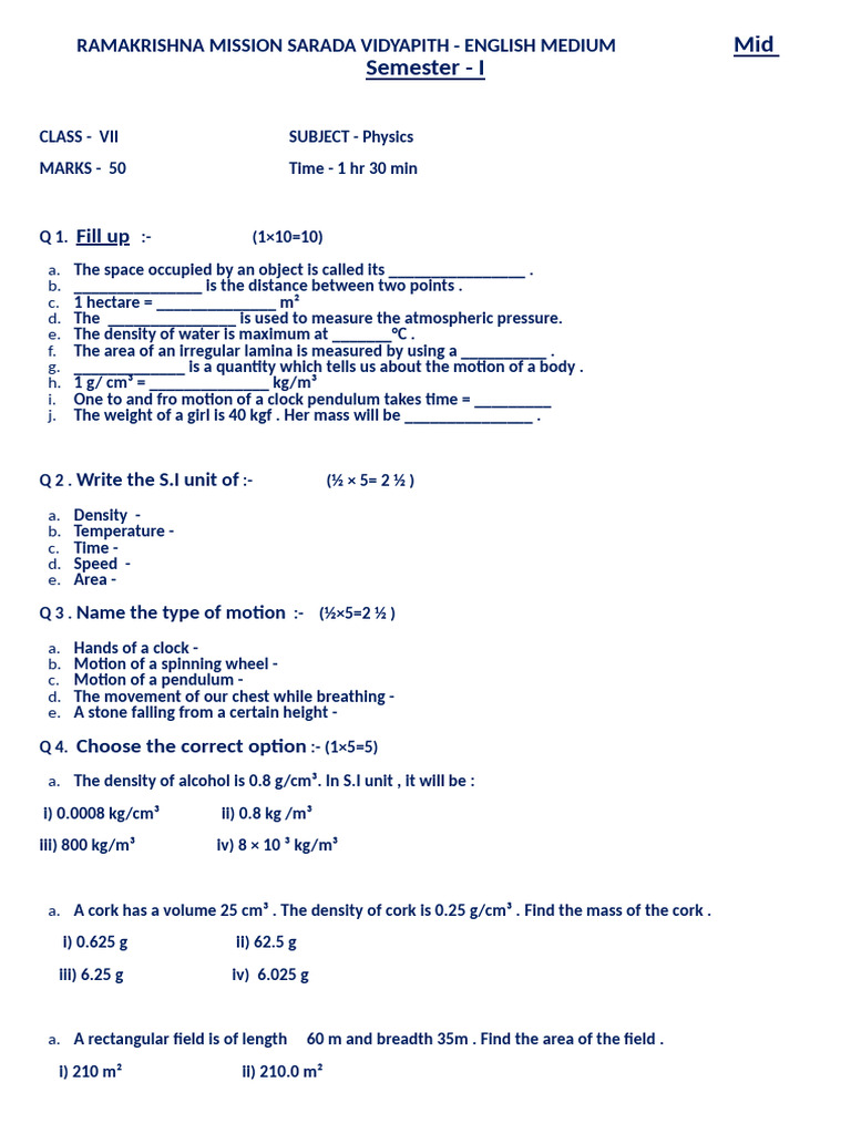 Class 7 Physics Mid-Semester Exam | PDF | Density | Applied And Interdisciplinary Physics