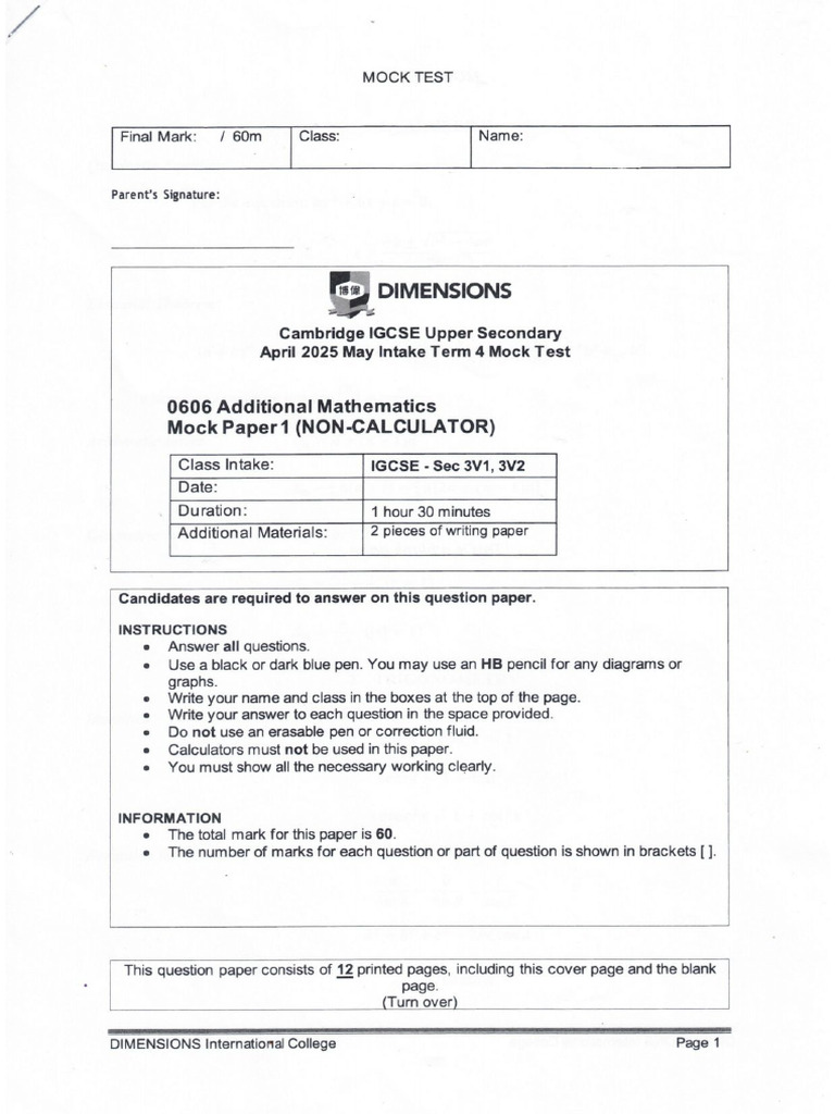 A Maths Mock Test Paper 1 | PDF