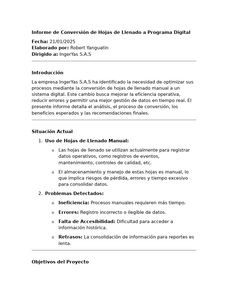 Informe de Conversión de Hojas de Llenado a Programa Digital | PDF | Programa de computadora ...