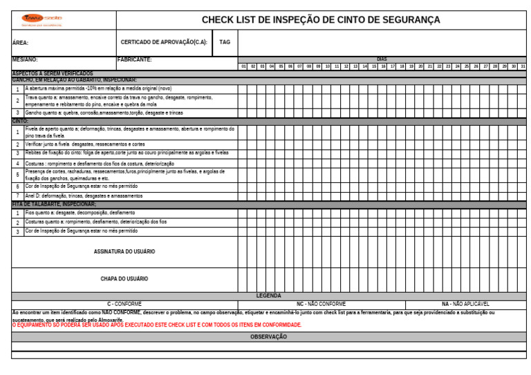 Check List Cinto de Segurança Diario-1 | PDF