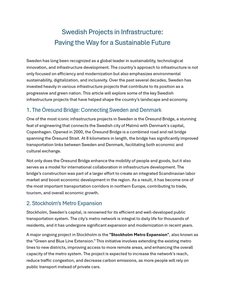 Swedish Projects in Infrastructure-Paving The Way For A Sustainable Future | PDF ...