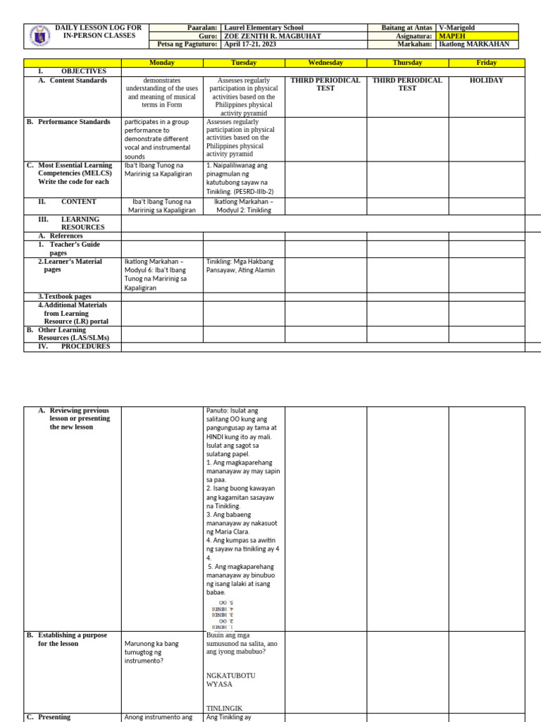 G5 Q3W10 DLL MAPEH MELCs | PDF