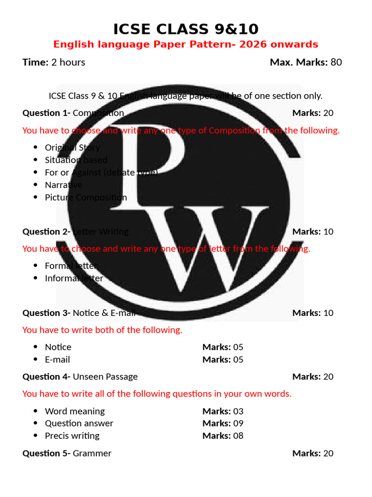 ICSE Class 9&10 English Lang Paper Pattern | PDF