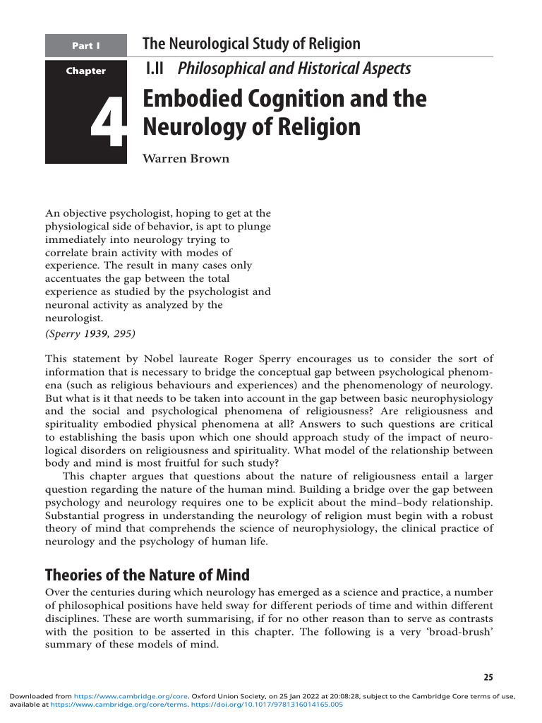 BROWN Embodied Cognition and The Neurology of Religion | PDF | Embodied Cognition | Mind
