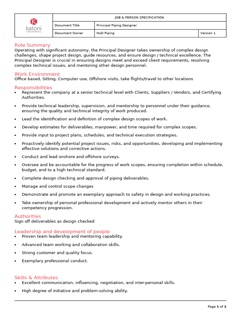 Principal Piping Designer JD | PDF | Mentorship | Leadership