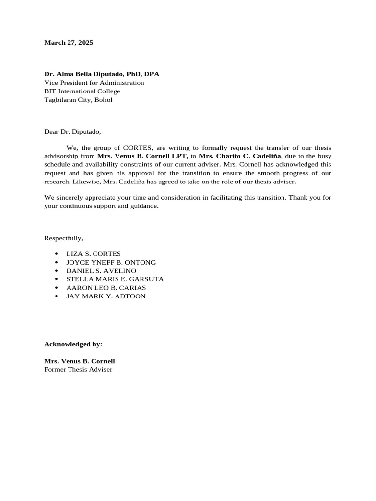 Transfer of Thesis Advisorship Letter | PDF