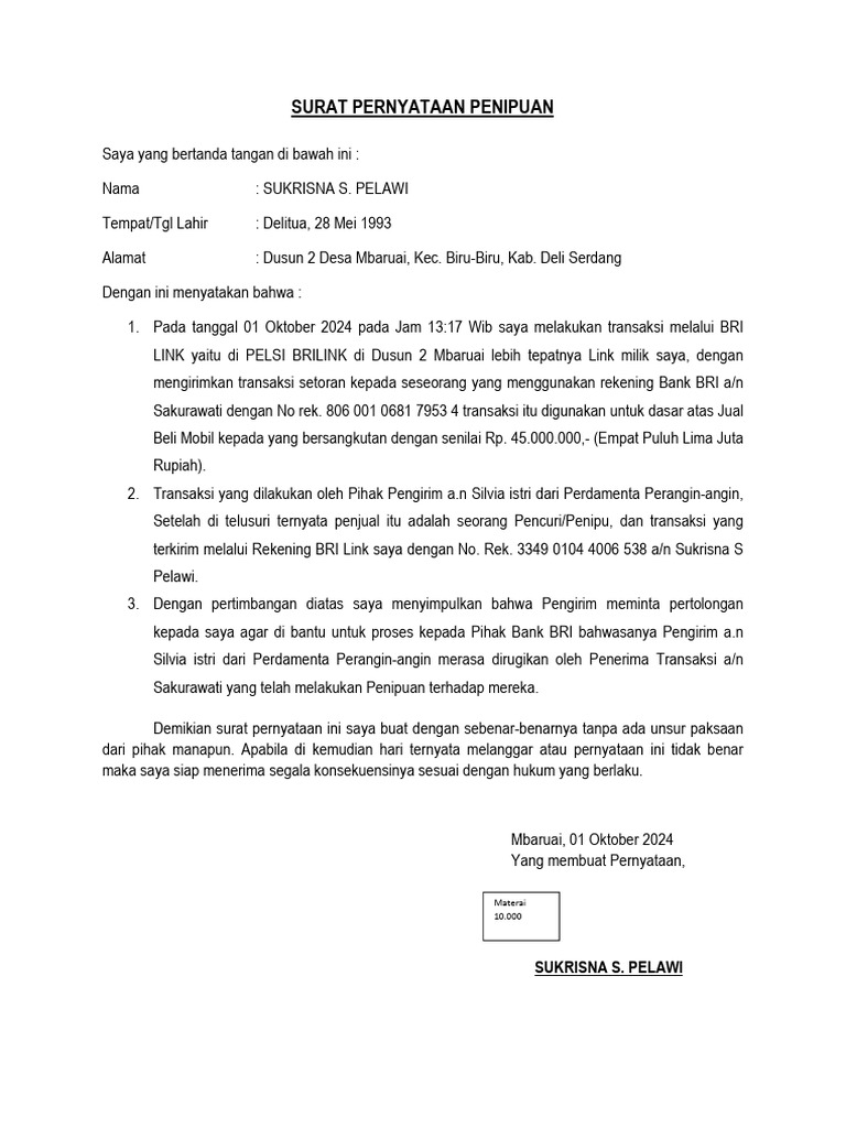 Surat Pernyataan Penipuan BRI 2024 | PDF