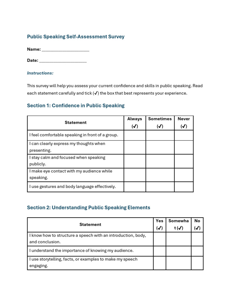 Public Speaking Self-Assessment Survey | PDF | Public Speaking | Body ...