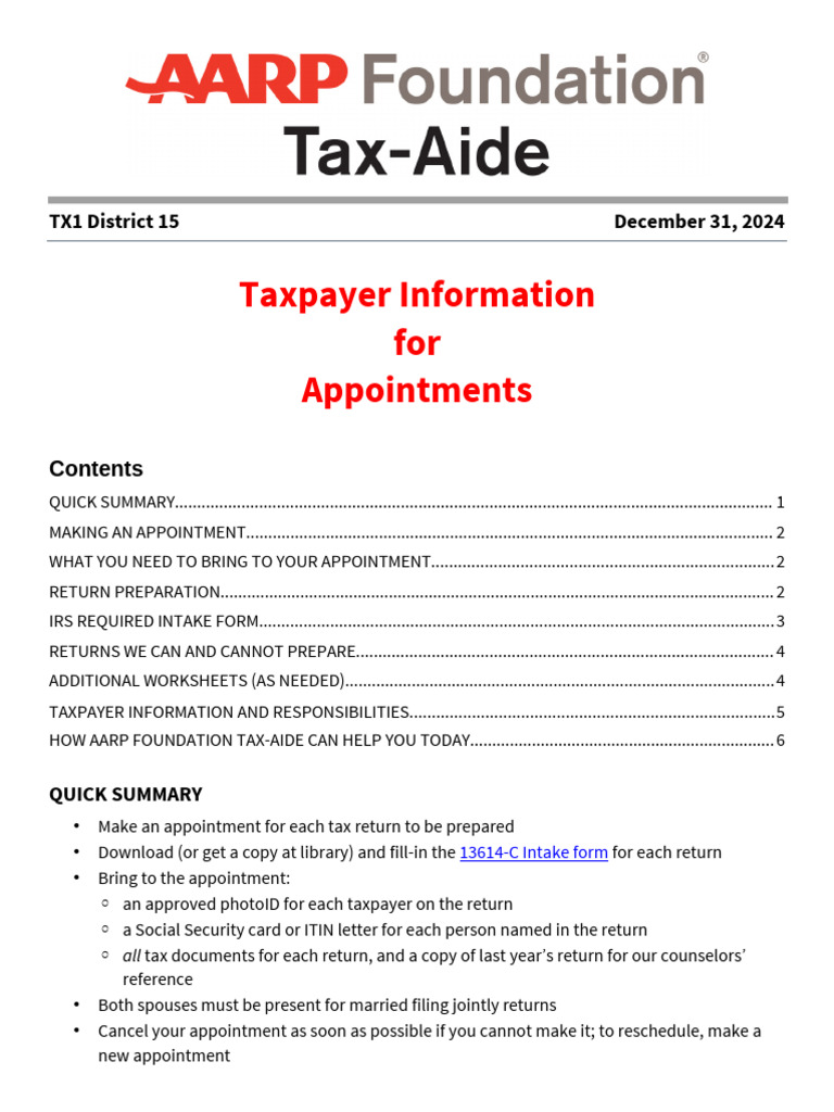 Tax-Aide Taxpayer Packet Info 20241231 | PDF | Irs Tax Forms | Tax ...