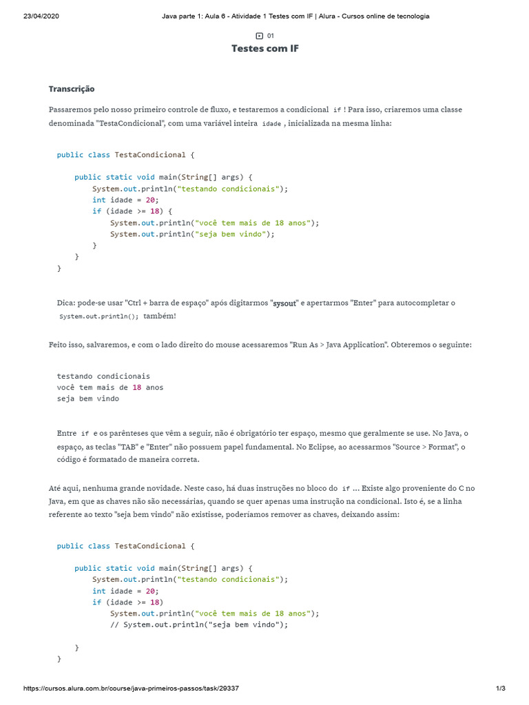 Java Parte 1 - Aula 6 - Atividade 1 Testes Com IF | PDF | Java ...