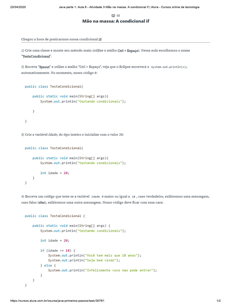 Java parte 1_ Aula 6 - Atividade 3 Mão na massa_ A condicional if | PDF | Java (linguagem de ...