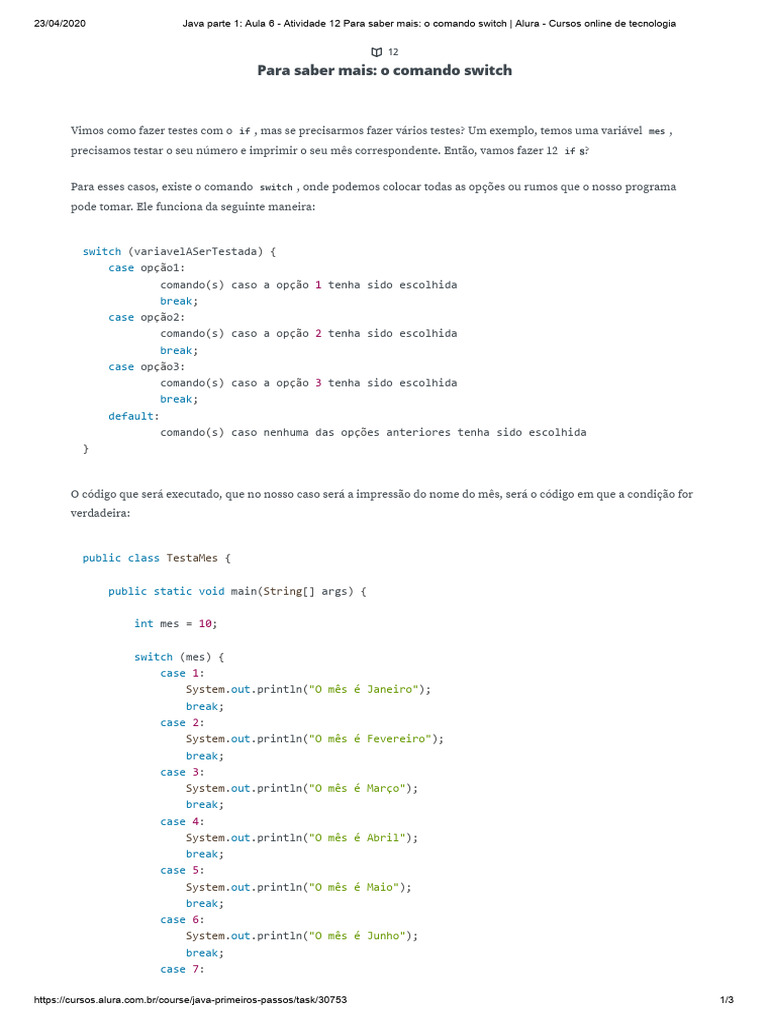 Java parte 1_ Aula 6 - Atividade 12 Para saber mais_ o comando switch | PDF | Java (linguagem de ...