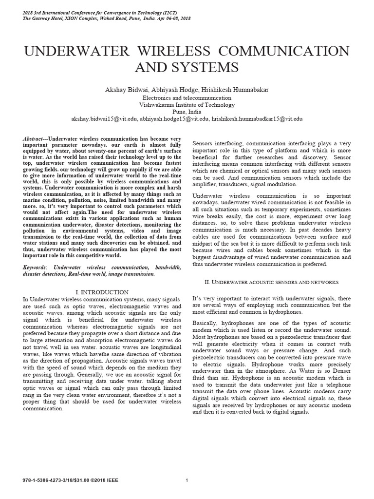 Underwater Wireless Communication and Systems | PDF | Video | Acoustics