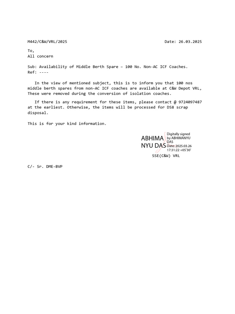 Availability of Middle Berth Spare - 100 No. Non-AC ICF Coaches | PDF