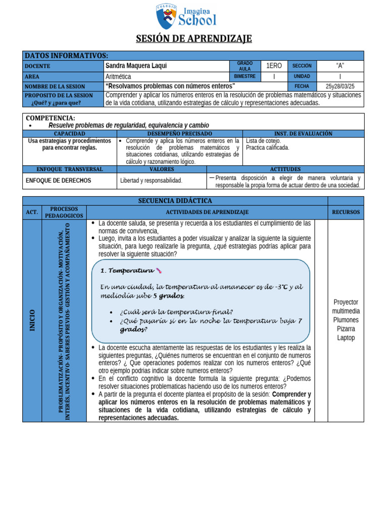 Sesión - Operaciones Con Numeros Enteros - 1ero | PDF | Aprendizaje ...