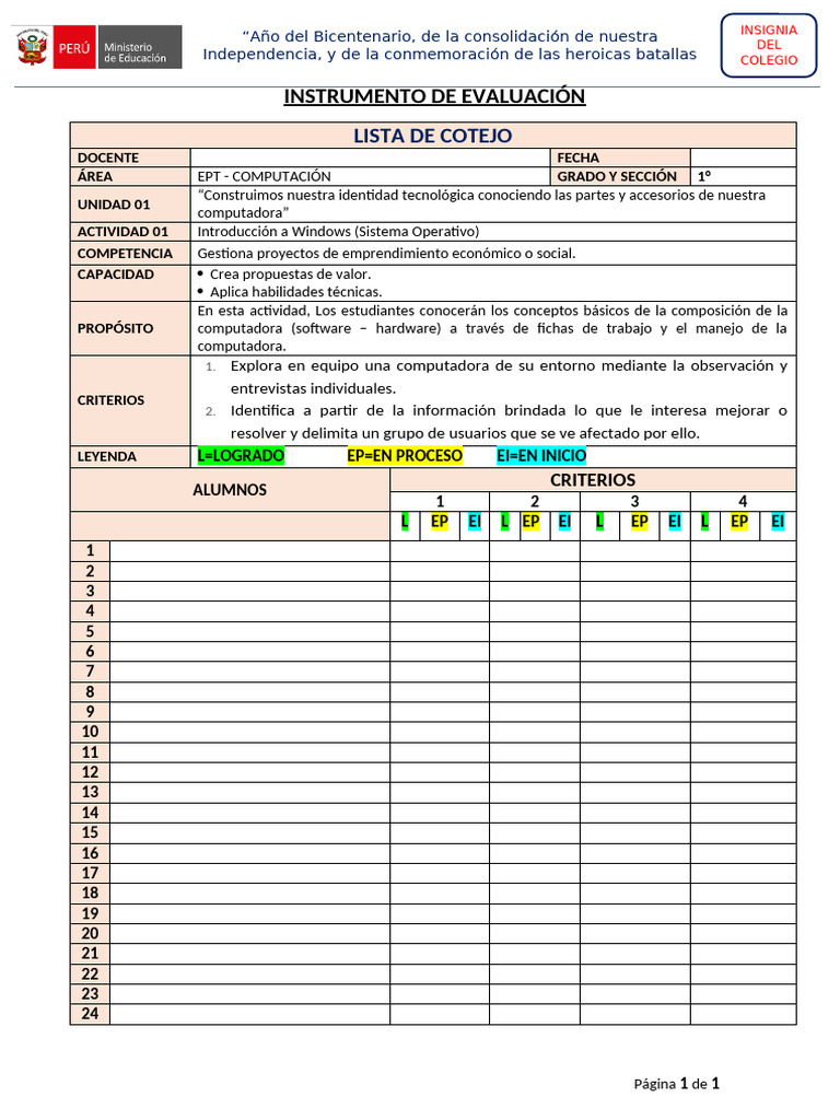 EPT COMPUTACIÓN 1° - INSTRUMENTO DE EVALUACIÓN 01 | PDF