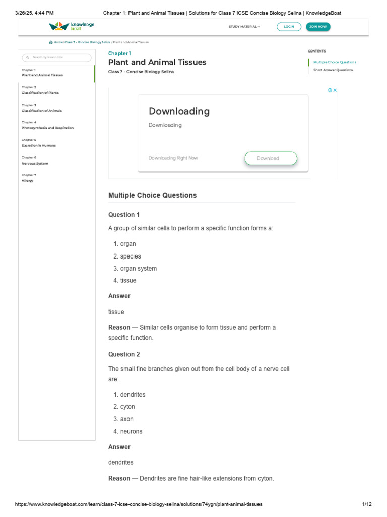 Chapter 1 - Plant and Animal Tissues - Solutions For Class 7 ICSE Concise Biology Selina ...