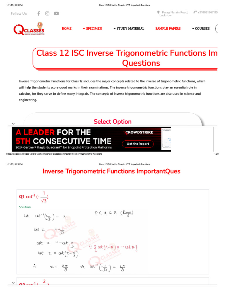 Class 12 Inverse Trigonometric Questions | PDF | Trigonometric ...