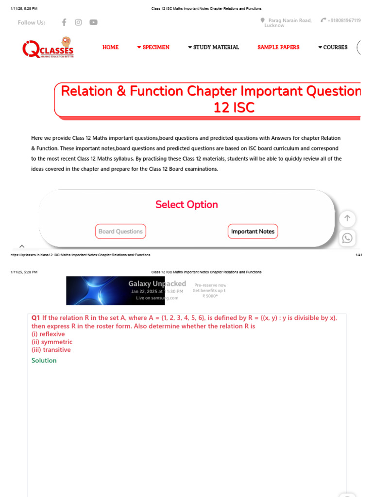 Class 12 ISC Maths Important Notes Chapter Relations and Functions ...