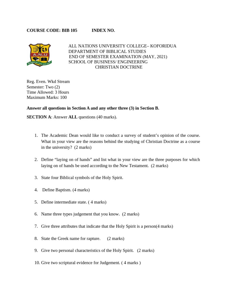 Christian Doctrine Exam Questions 2021 | PDF | Baptism | Jesus