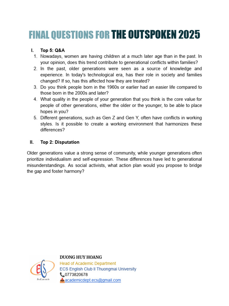 (Official) Final Questions For The Outspoken 2025 | PDF