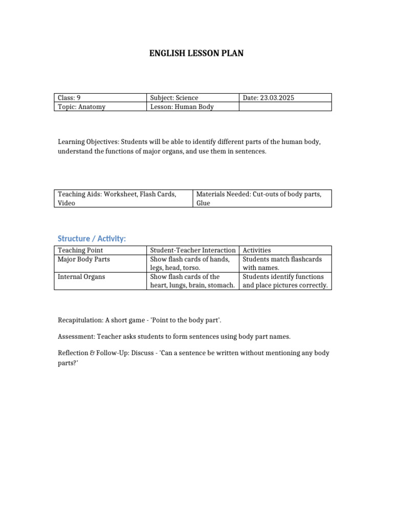 Anatomy Lesson Plan OnePage | PDF
