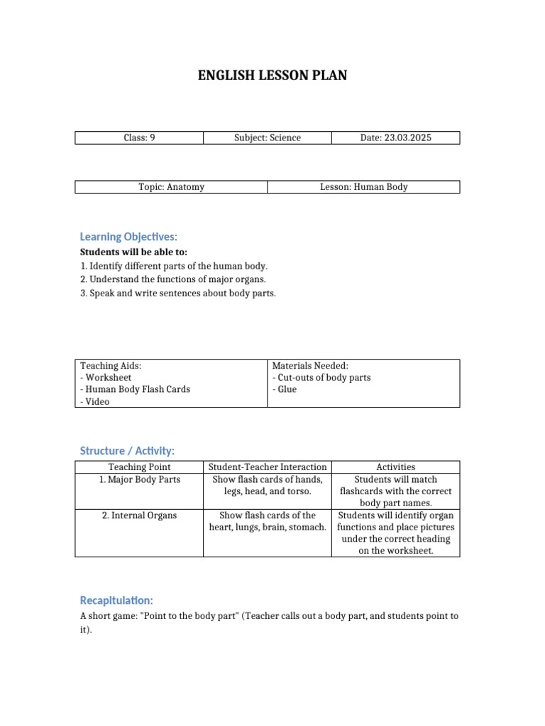 Anatomy Lesson Plan Formatted v2 | PDF
