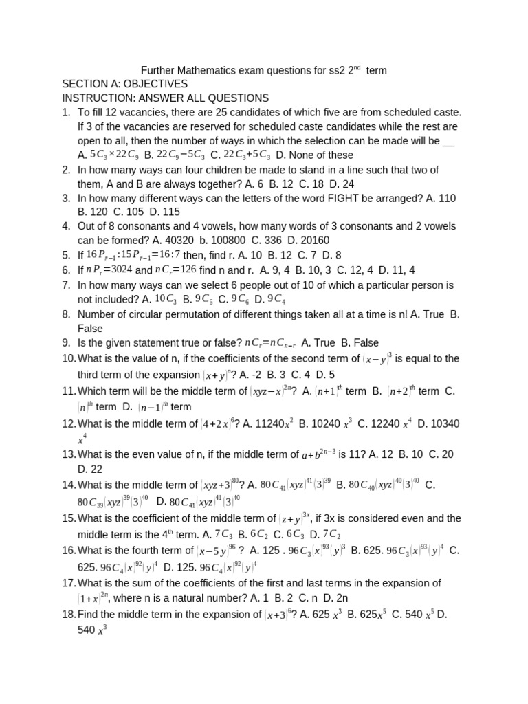 Further Mathematics Exam Questions | PDF | Algebra | Mathematics