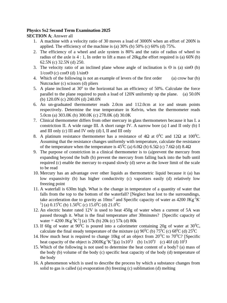 Phy 2nd Term Exams 2023 | PDF | Boiling | Temperature