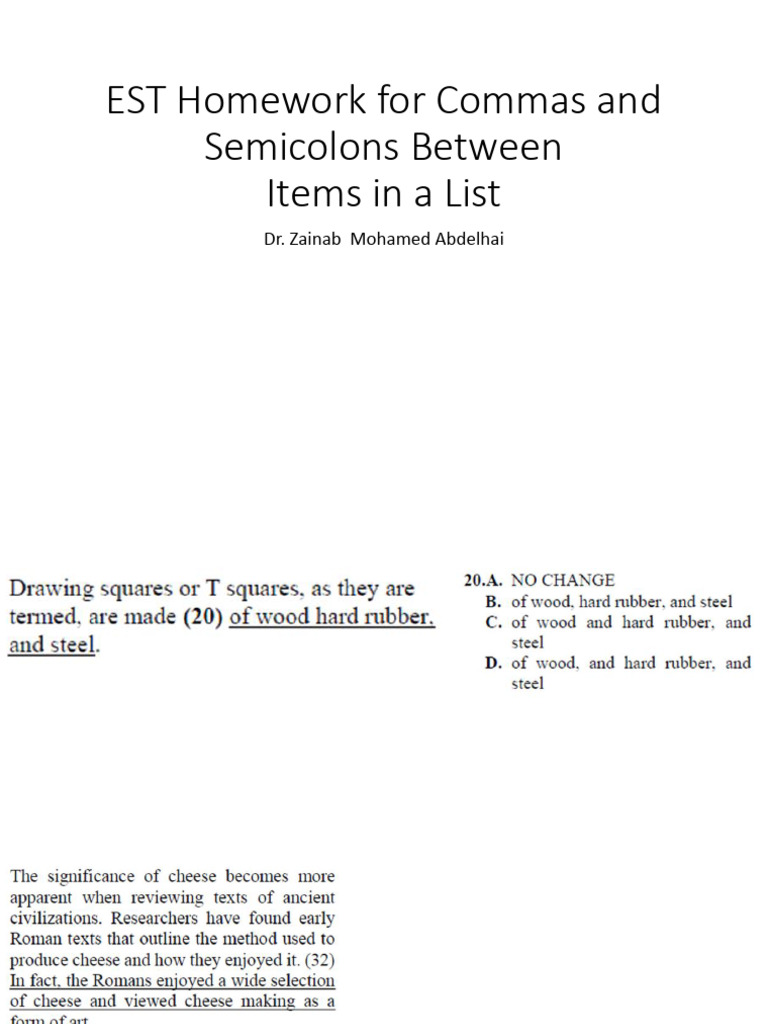 4- EST Homework for Commas and Semicolons Between Items in a List Dr ...