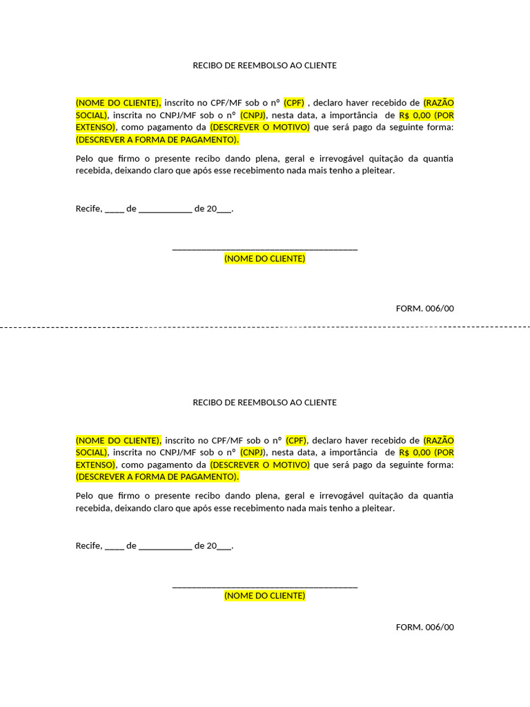 (Form 006) Form 006 - Recibo de Reembolso Ao Cliente | PDF