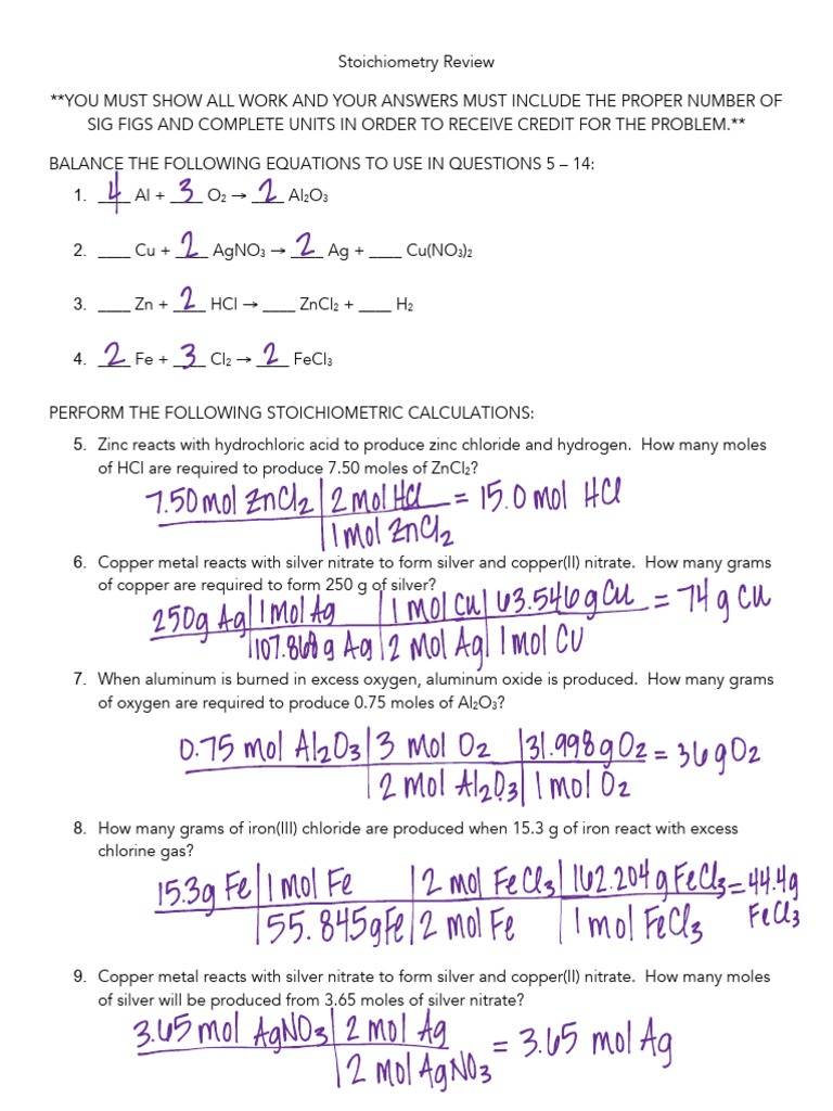Stoichiometry Review Key | PDF | Stoichiometry | Hydrochloric Acid