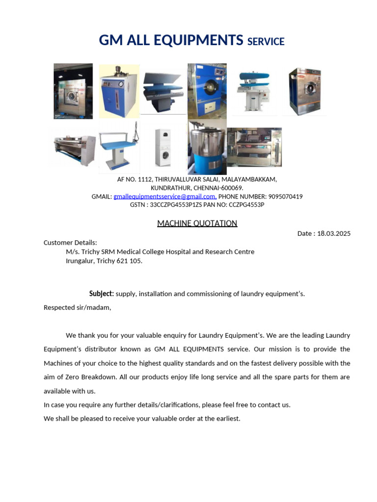 Laundry Equipment Quotation for Hospitals | PDF | Washing Machine
