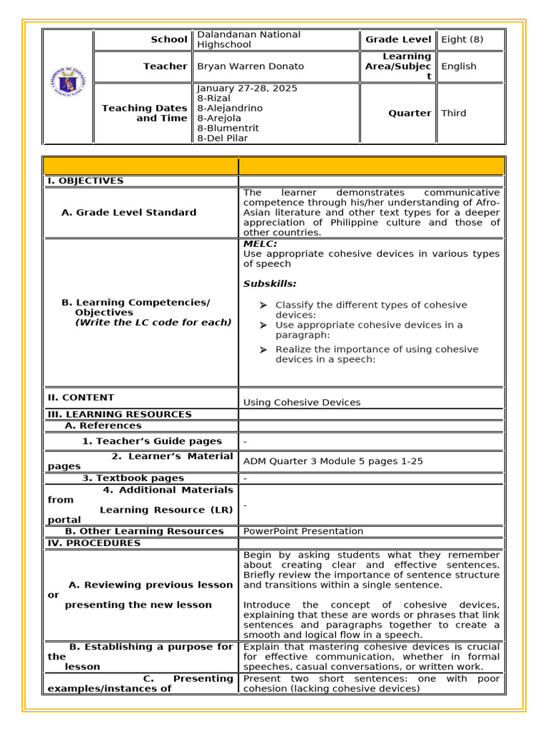 LP_3RDQ_COHESIVE DEVICES | PDF | Learning | Cognitive Science