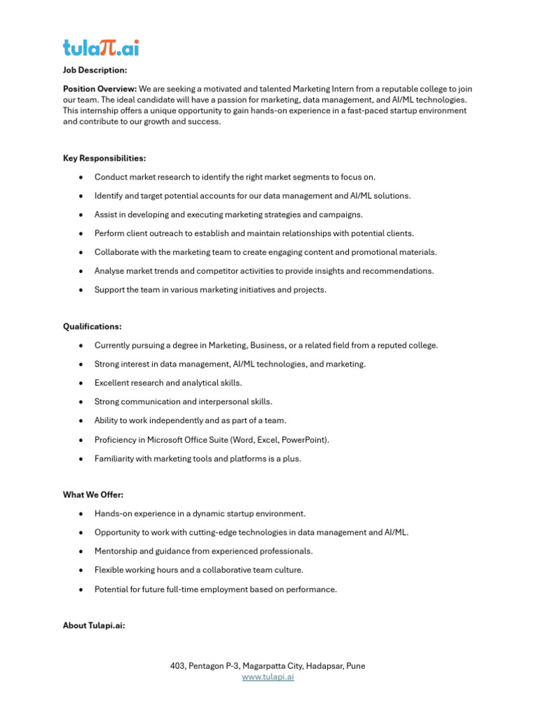 Marketing Intern - Job Description - Tulapi | PDF | Artificial ...