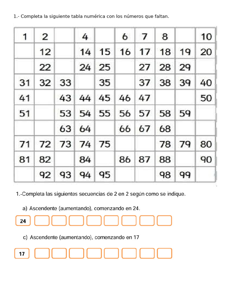 Completa La Tabla Numerica Hasta El 100 | PDF
