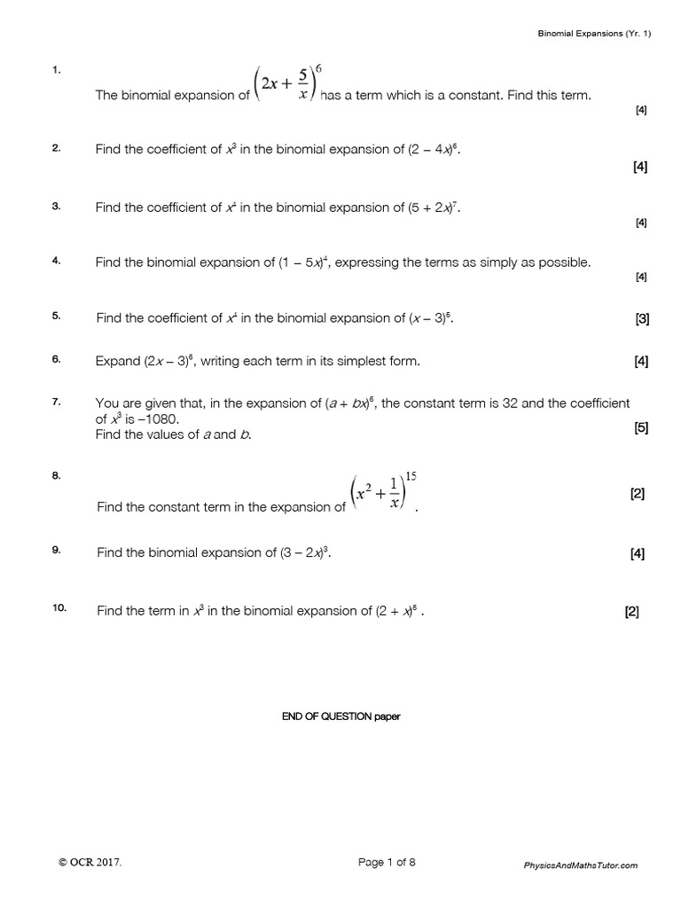 Binomial Expansions (Yr. 1) ' | PDF | Applied Mathematics | Algebra