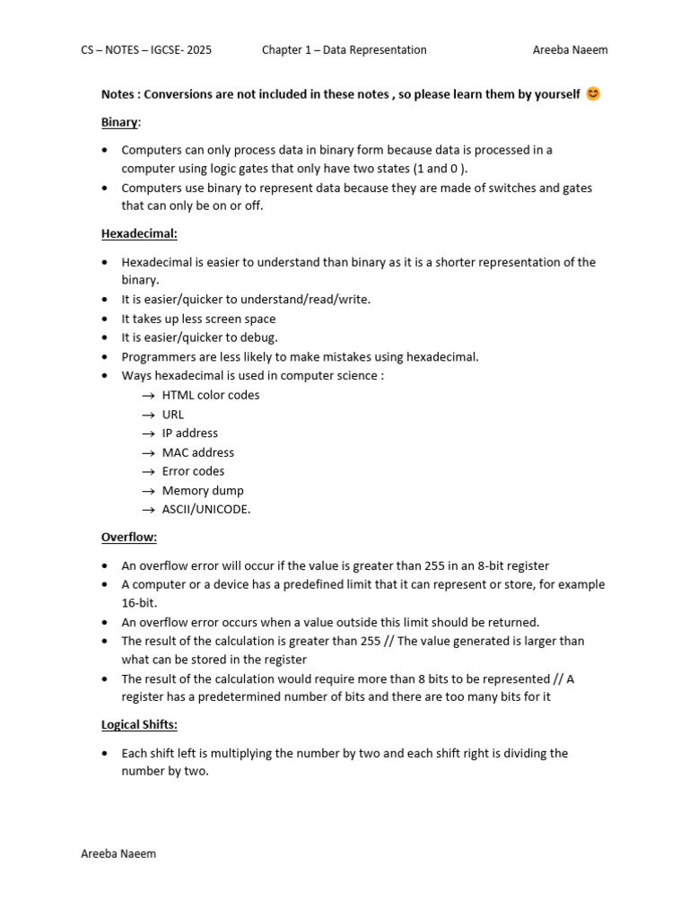 Chapter1 - Data Representation - Areeba Naeem | PDF | Data Compression | Bit