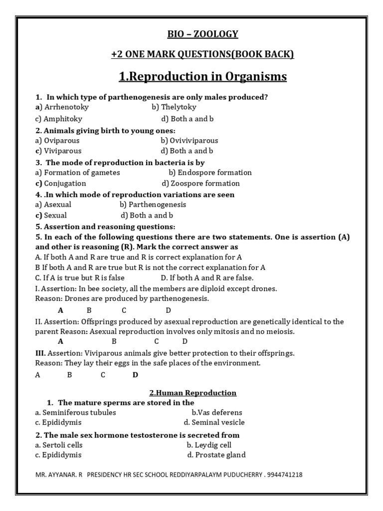 Zoology +2 One Mark Questions Guide | PDF | Dna Replication | Dna