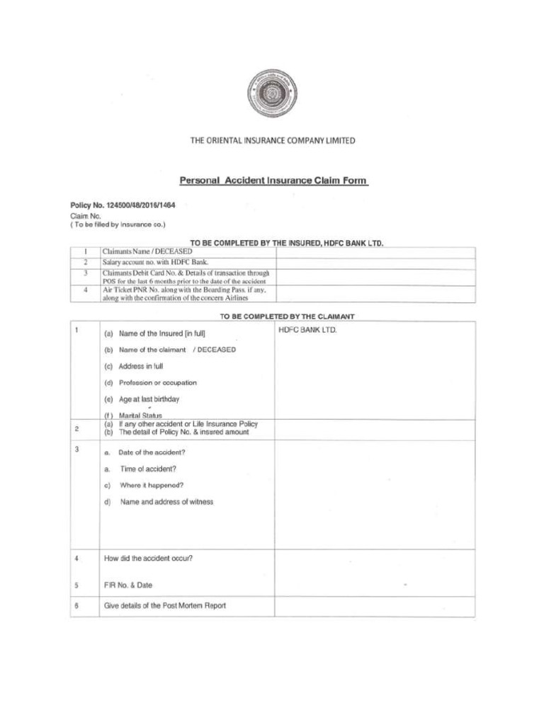 Personal Accident Insurance Claim Form | PDF