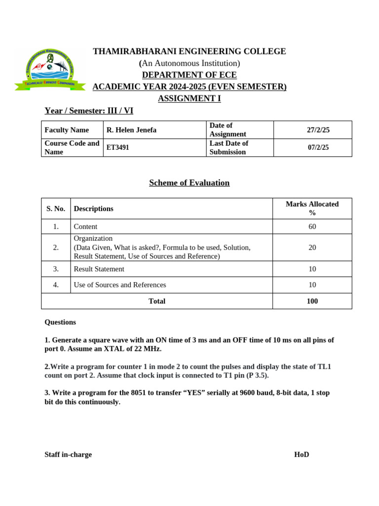 ECE Assignment 2024: Square Wave & 8051 Program | PDF