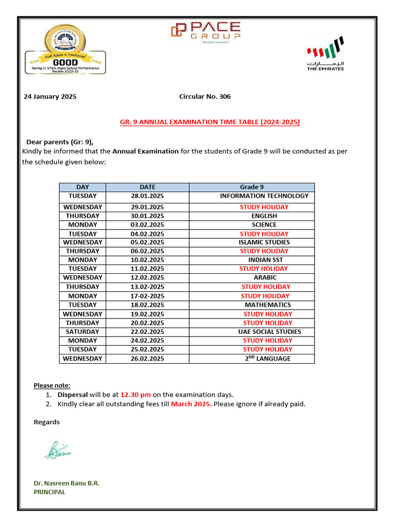 Gr. 9 - ANNUAL EXAMINATION TIME-TABLE - 2024-2025 | PDF