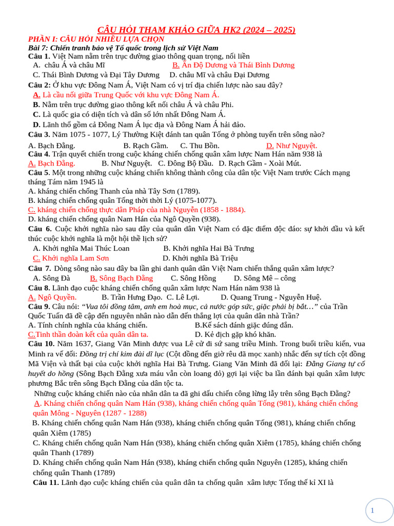 Câu hỏi tham khảo sử 11 GK2 (24-25) | PDF