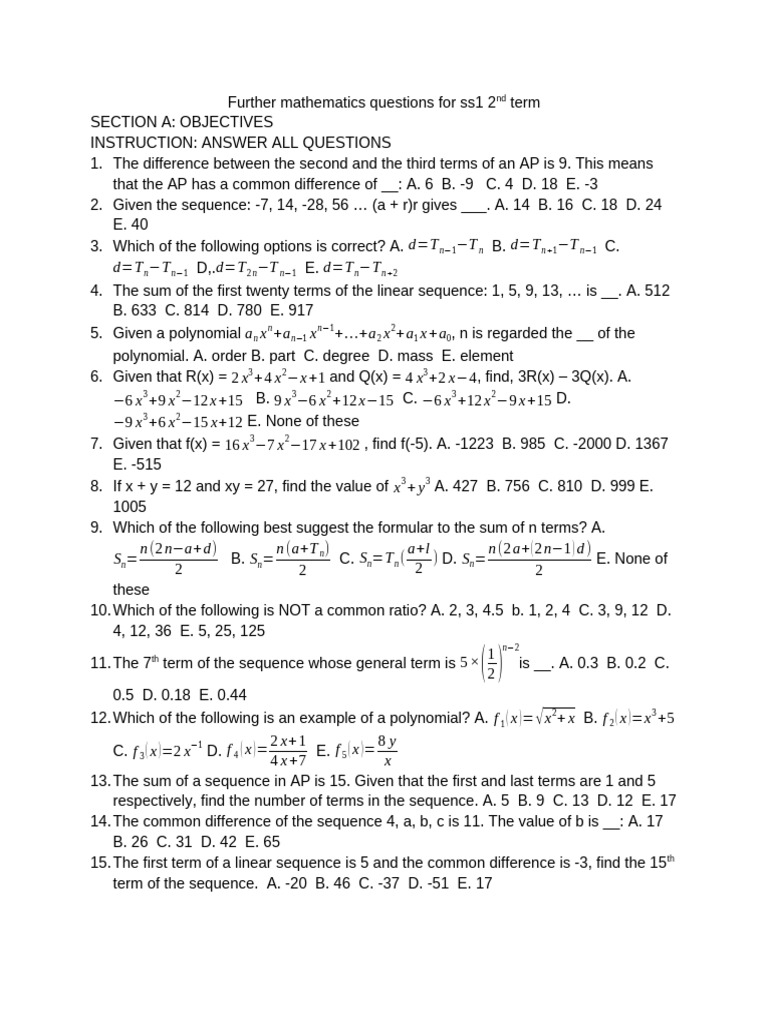 SS1 Further Mathematics Questions | PDF | Abstract Algebra ...