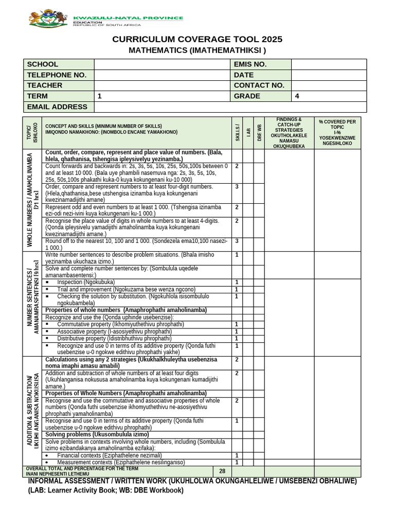 Grade 4 Curriculum Coverage Tool 2025 (Eng-Zul) | PDF | Curriculum | Learning