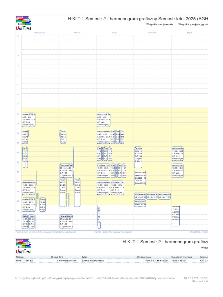 UniTime 4.6 - Harmonogram Semestralny Kierunku | PDF