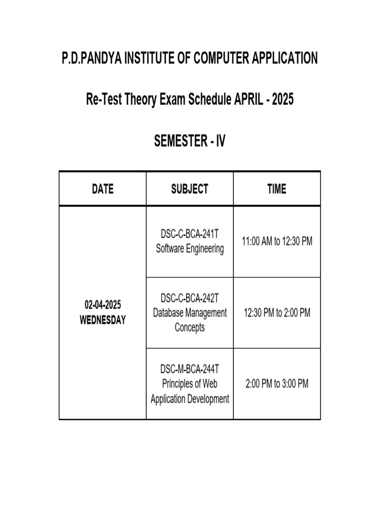 Sem Iv Re Test Exam Schedule April 2025 Pdf