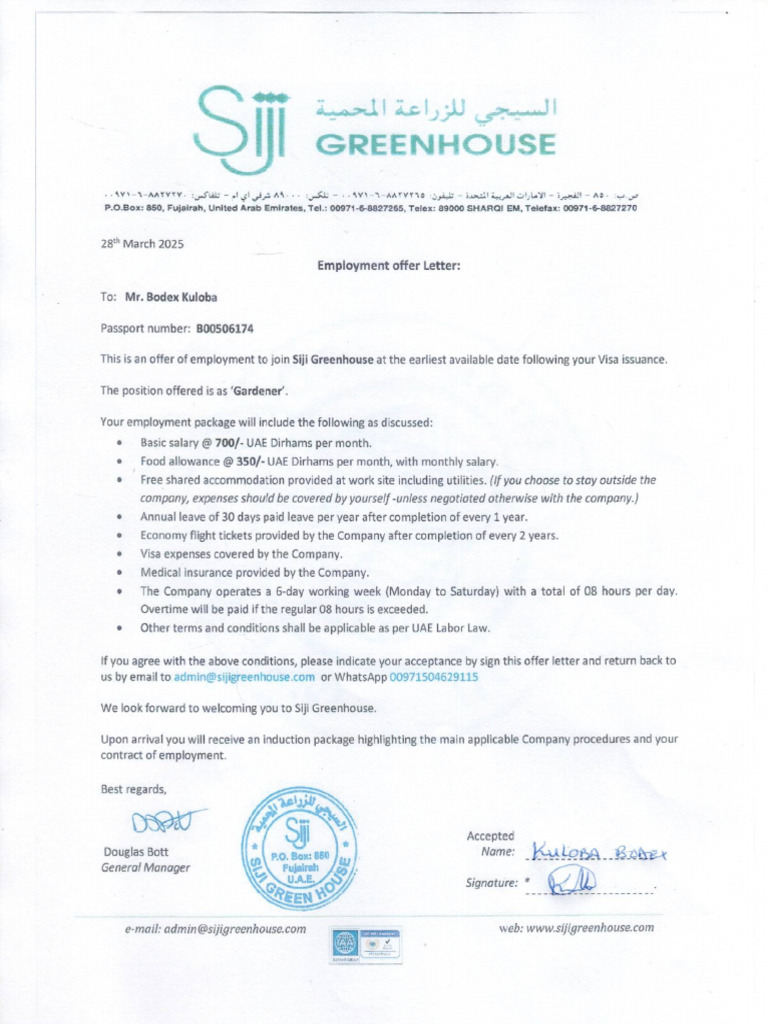 Employment Offer Letter Signed | PDF