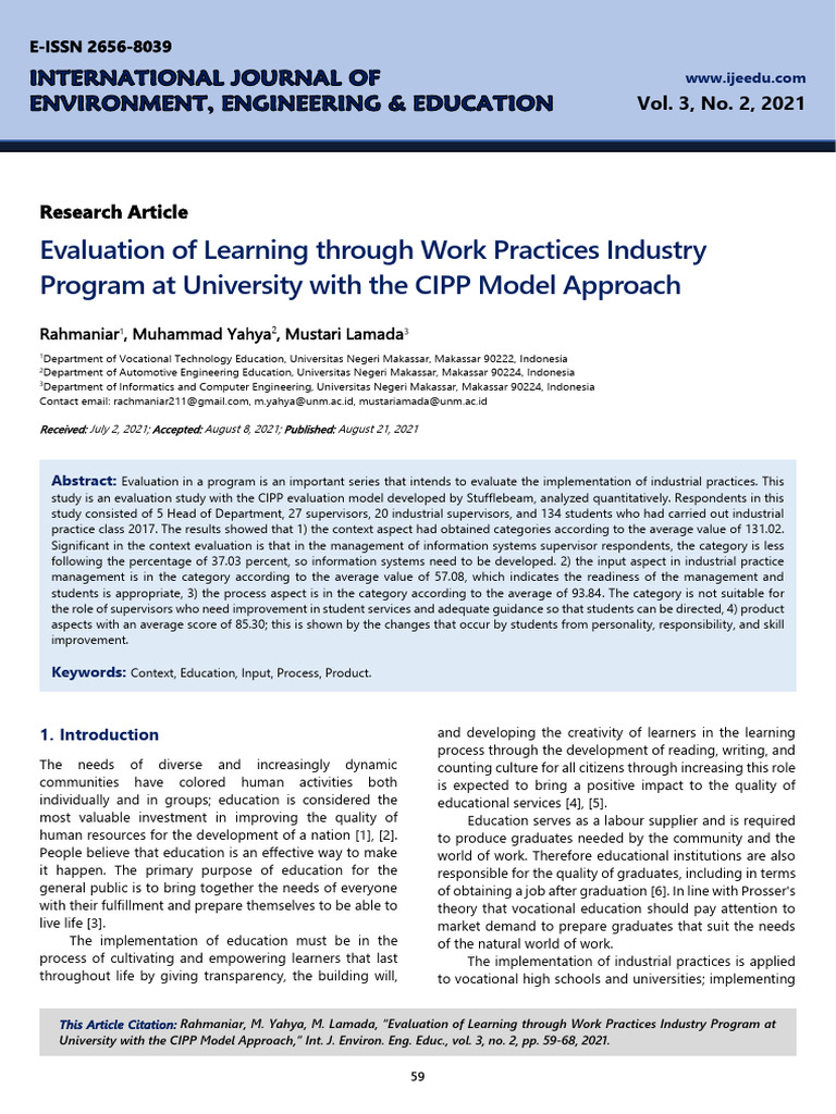 Evaluation of Learning Through Work Practices Industry Program at ...